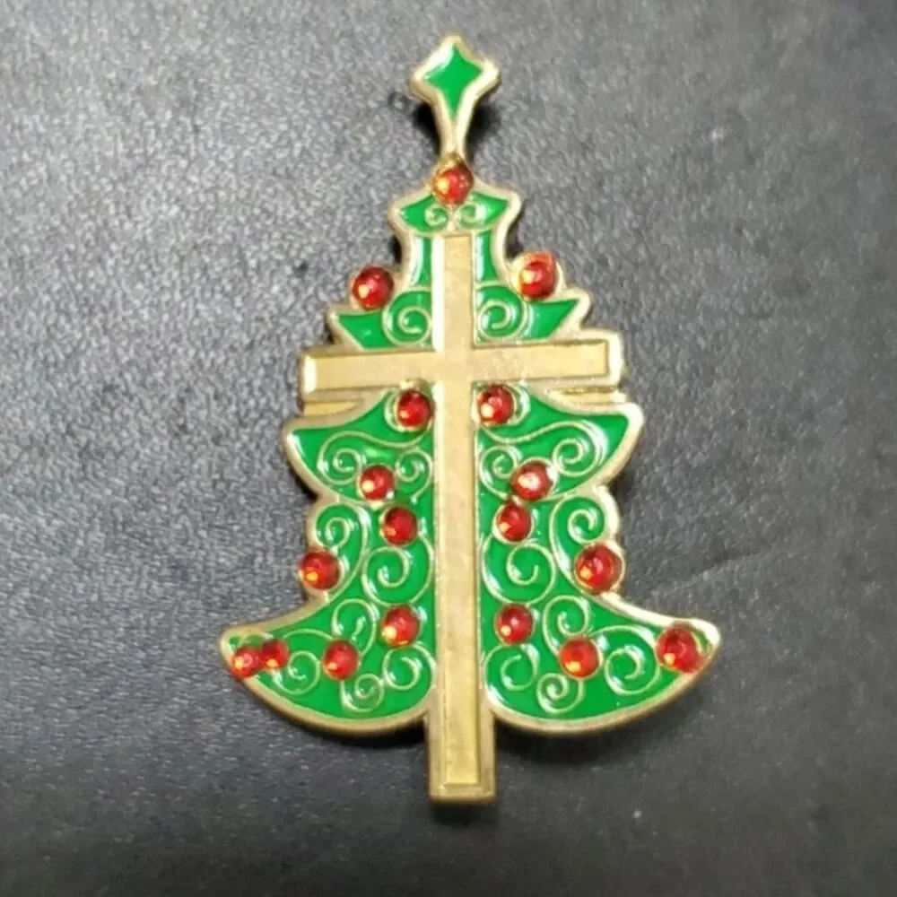 Unbranded | Jewelry | Vintage Gold Tone Holiday Tree Brooch Red Green ...